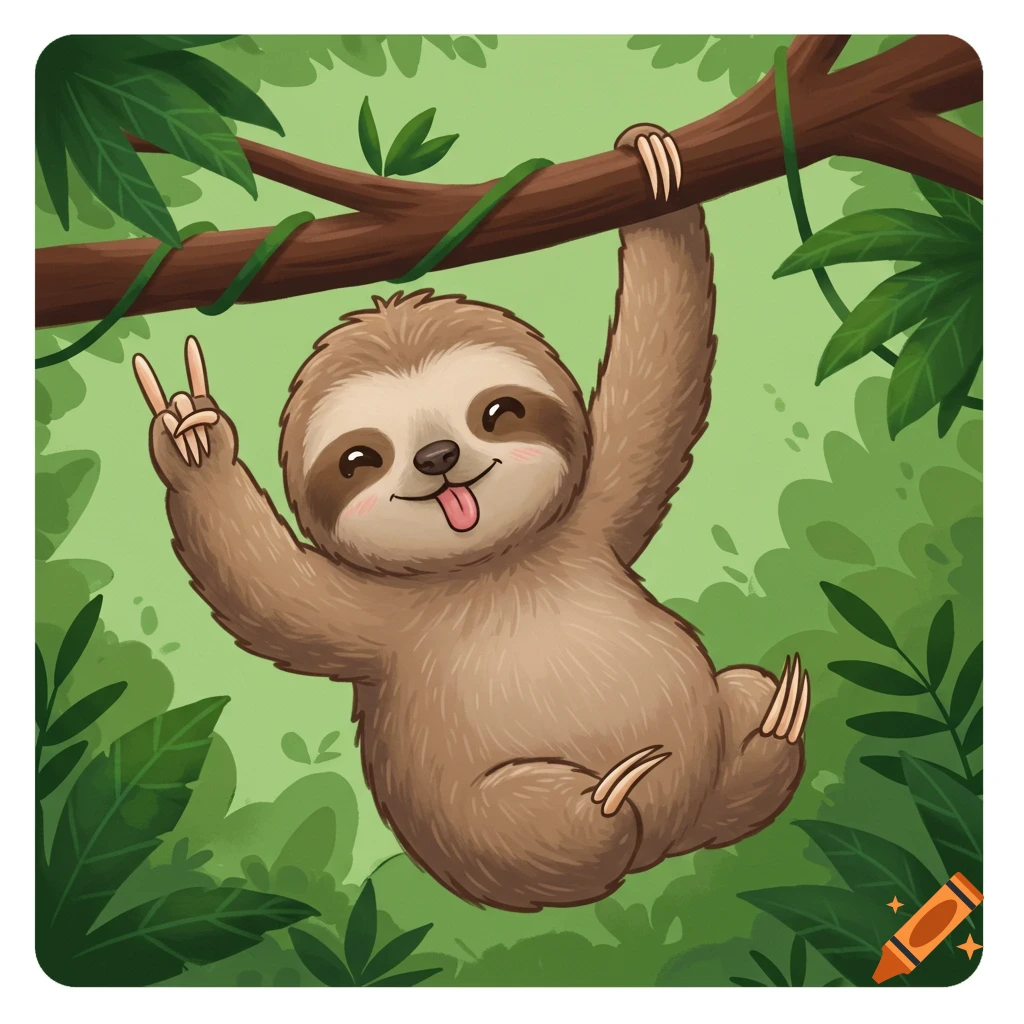 A cute cartoon sloth hangs from a jungle branch, sticking out its ...