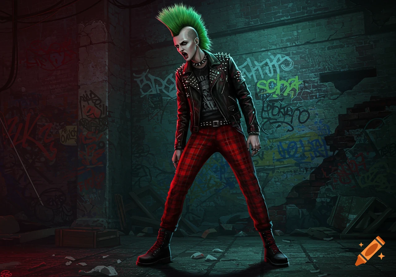 A stylized digital art portrait of a scrawny punk rock boy with a ...