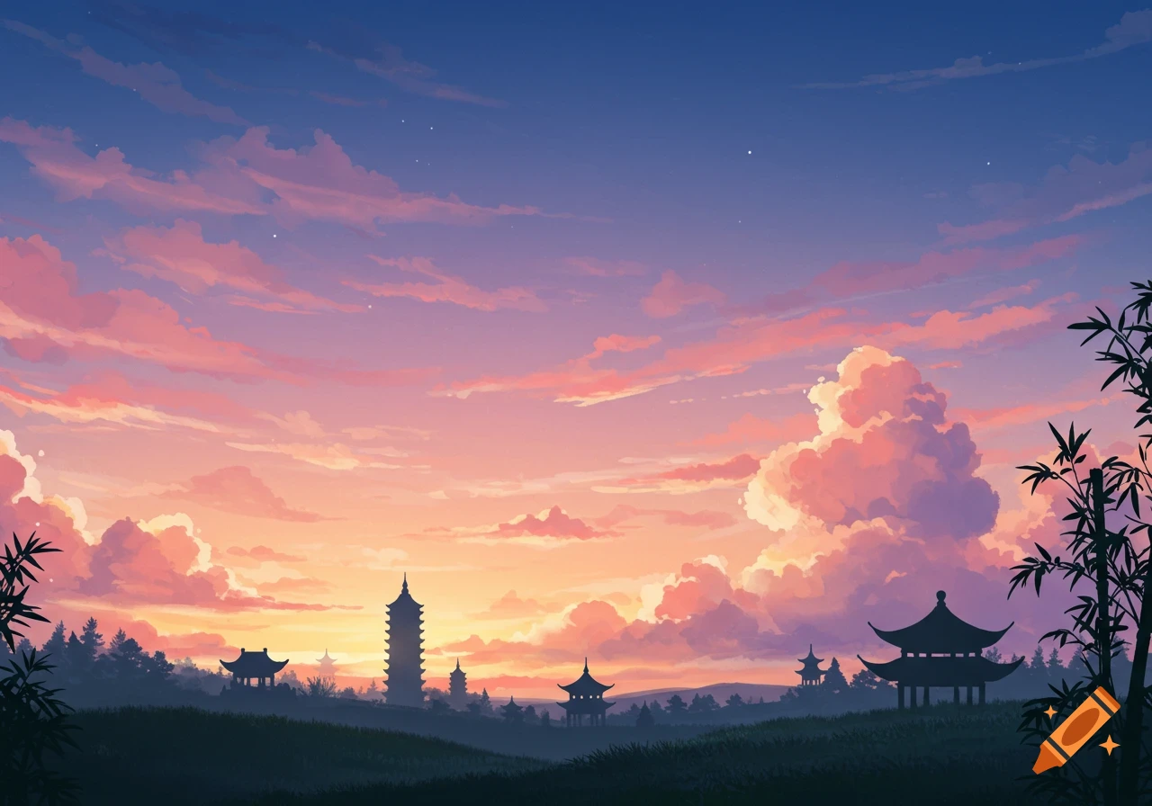A vibrant anime-style landscape at sunset, featuring traditional ...