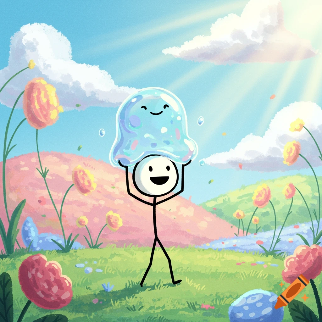 A happy stick figure holds a smiling, translucent blue slime over its ...