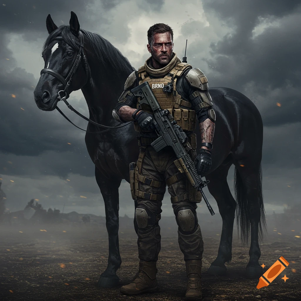 A battle-hardened man in tactical gear holds a rifle, standing ...