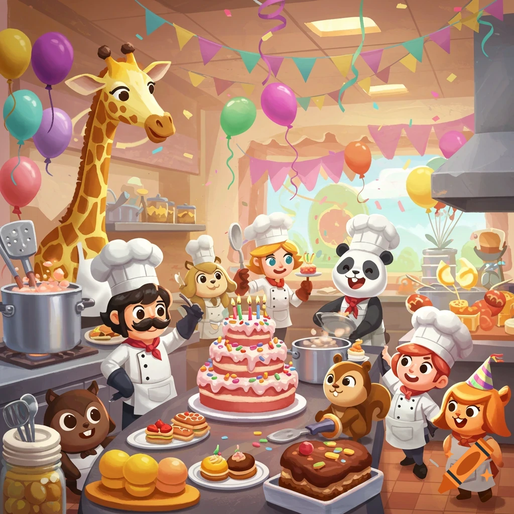 Cartoon chefs, a giraffe, panda, and others, celebrate a birthday party ...