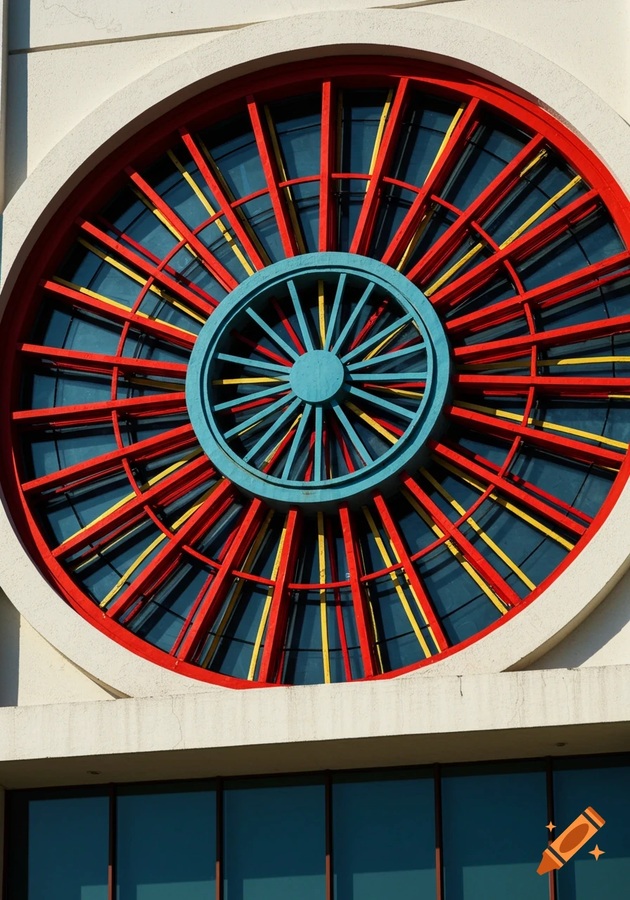 Close-up of a colorful, geometric rose window with red, yellow, and ...
