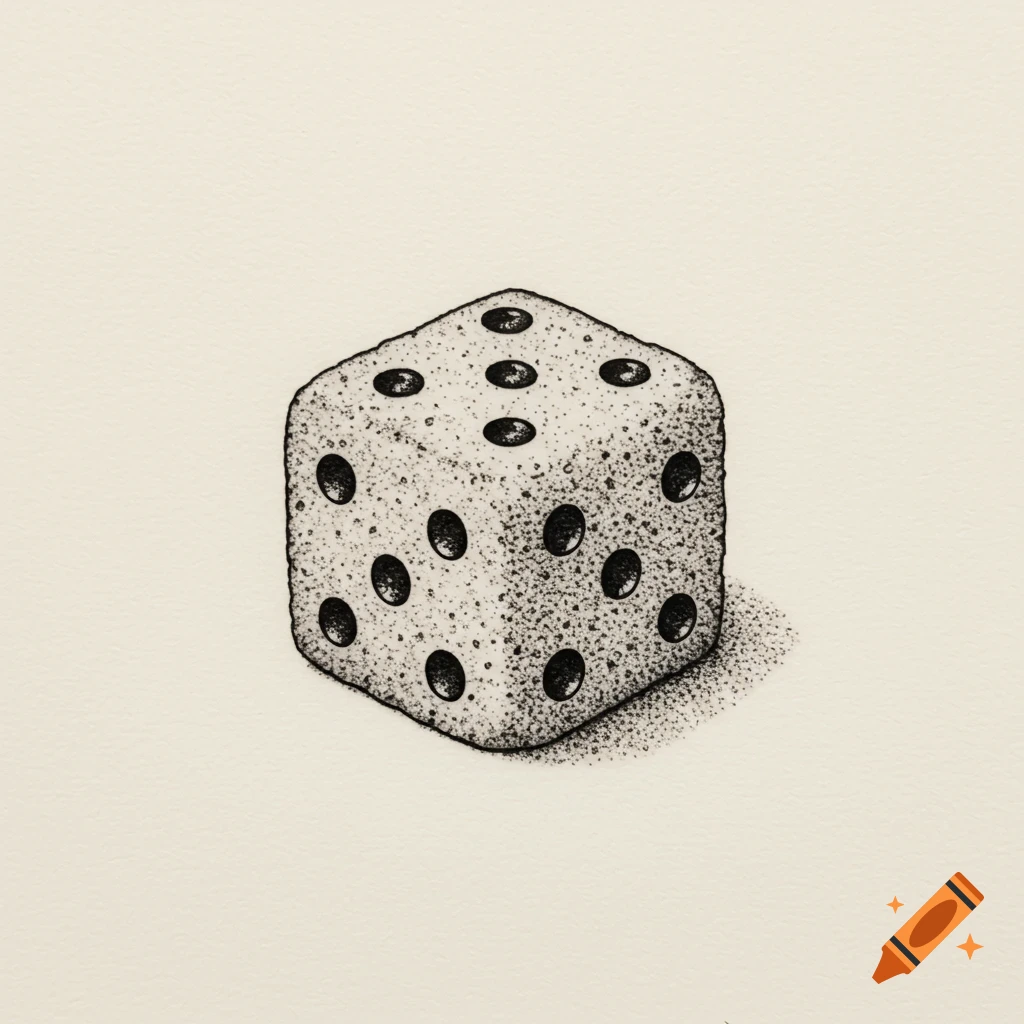 A black and white stippling illustration of a sugar cube resembling a ...
