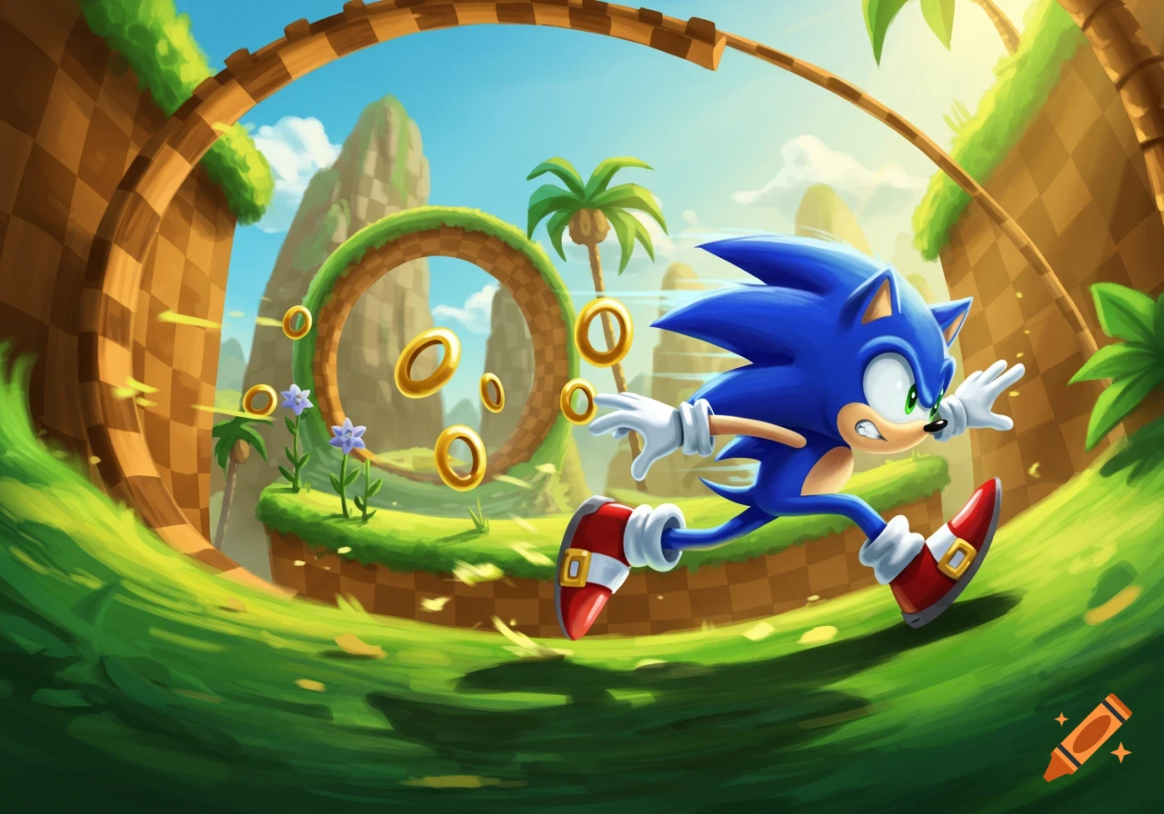 Sonic the Hedgehog runs quickly on a golden loop track in a vibrant ...