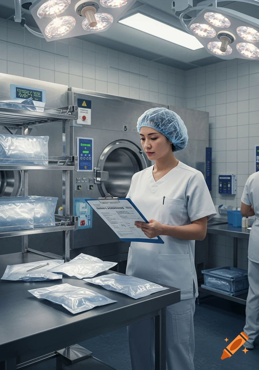 A woman in a blue scrub cap and white uniform holds a clipboard in a sterile processing room ...