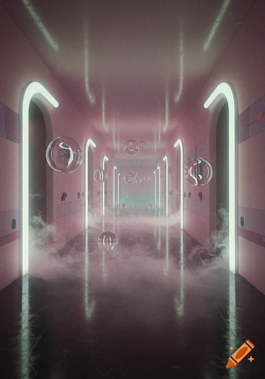 A pastel pink hallway with glowing fluorescent lights, filled with mist ...