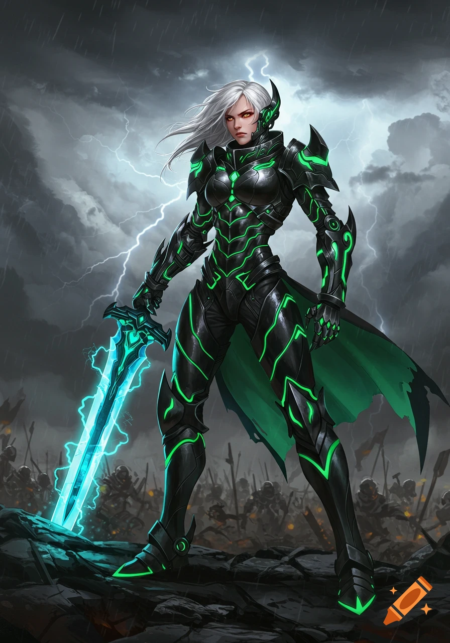 A slender female character in a metallic grey and gold armored suit ...