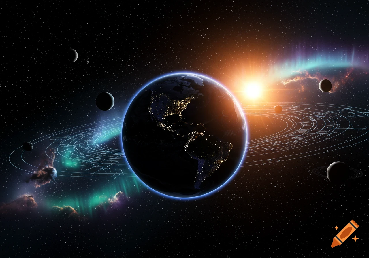 Earth at night with glowing cities, bright sun, planets, aurora, and ...