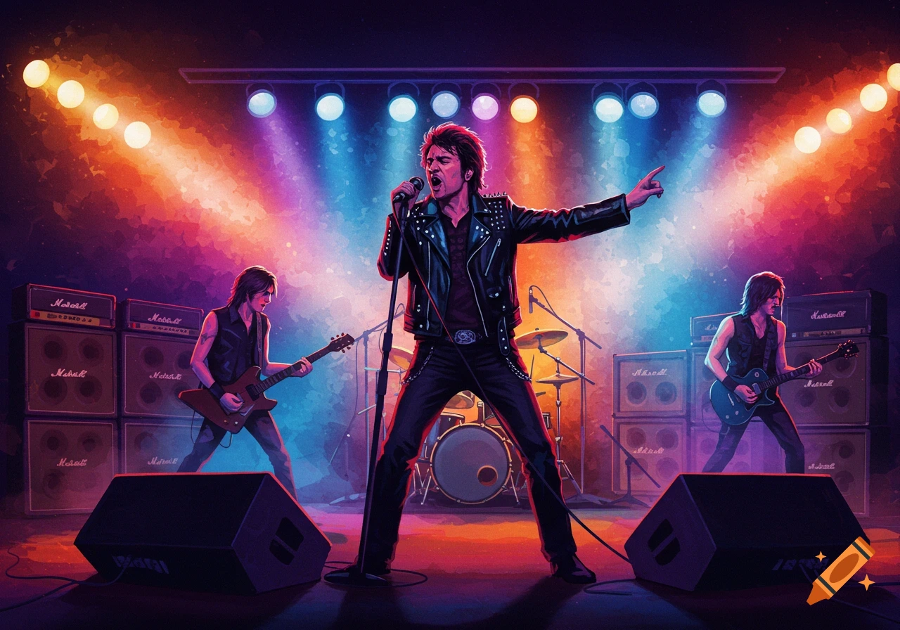 A hardcore band performs on stage under vibrant blue and pink lights ...