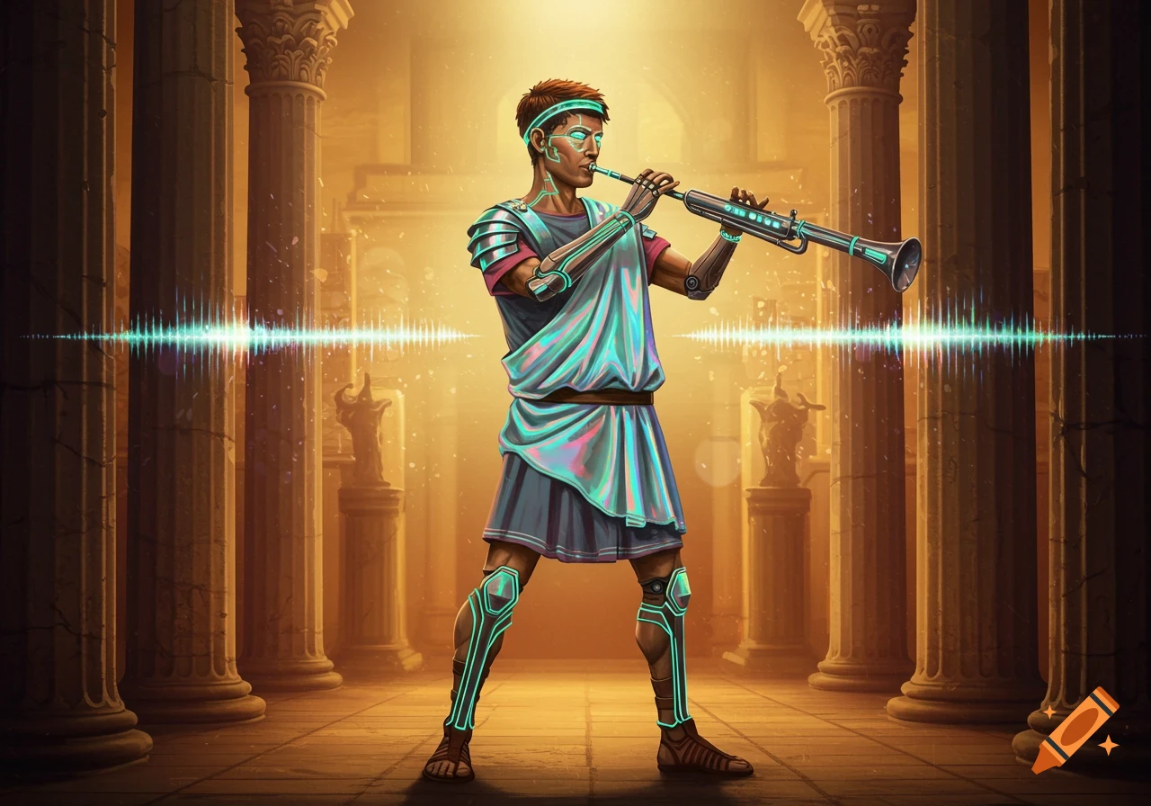 A techno-Roman figure in glowing attire plays a futuristic trumpet ...