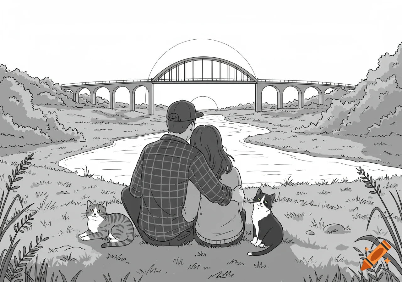 A black-and-white cartoon of a couple and two cats on a grassy hill ...