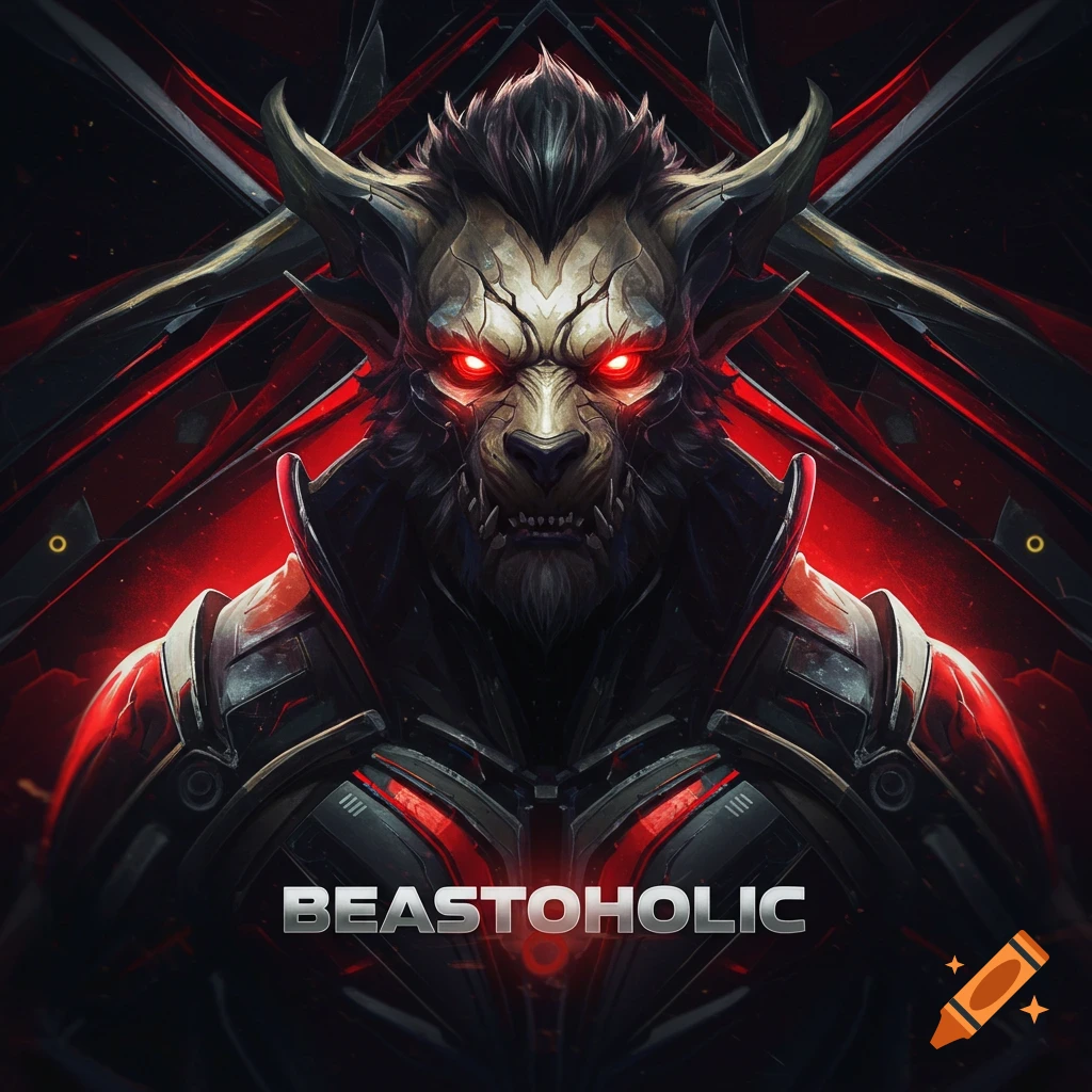 A dark, stylized fantasy beast with red glowing eyes, horns, and metallic armor, with ...