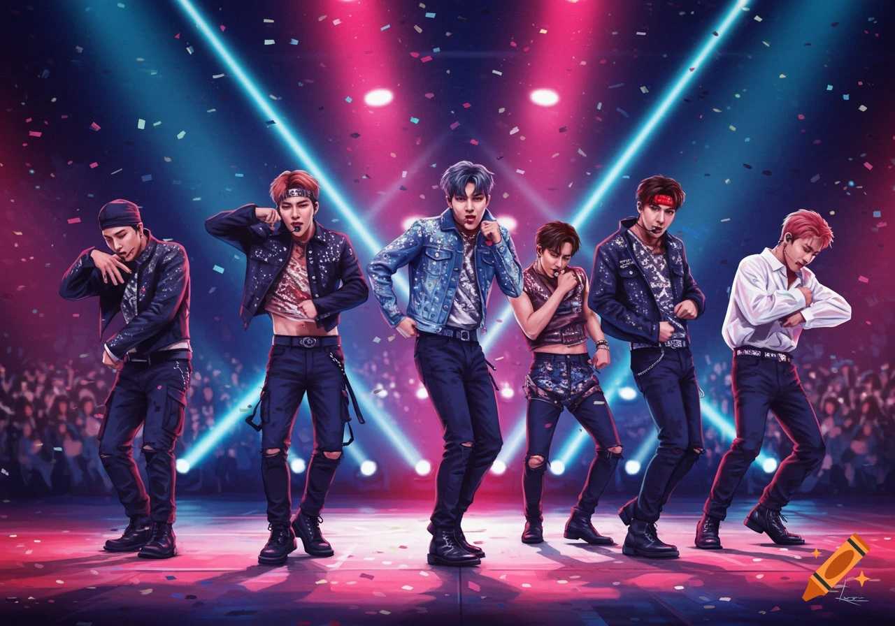 Six male Kpop performers dance on a vibrant stage under blue and pink ...