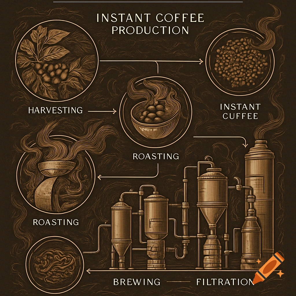 A sepia-toned flowchart illustration depicting the instant coffee ...