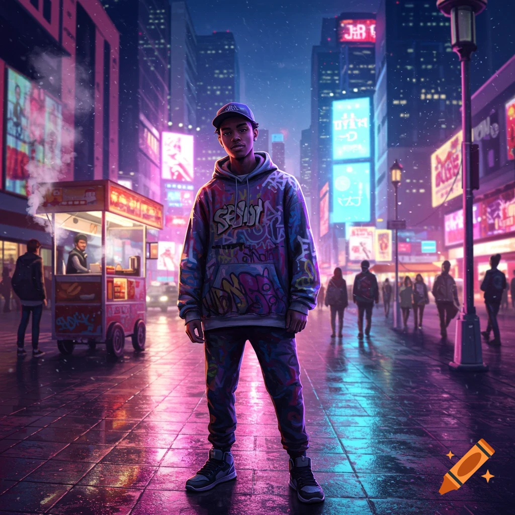 A person in a black hoodie, paint-splattered jeans, and black and white ...