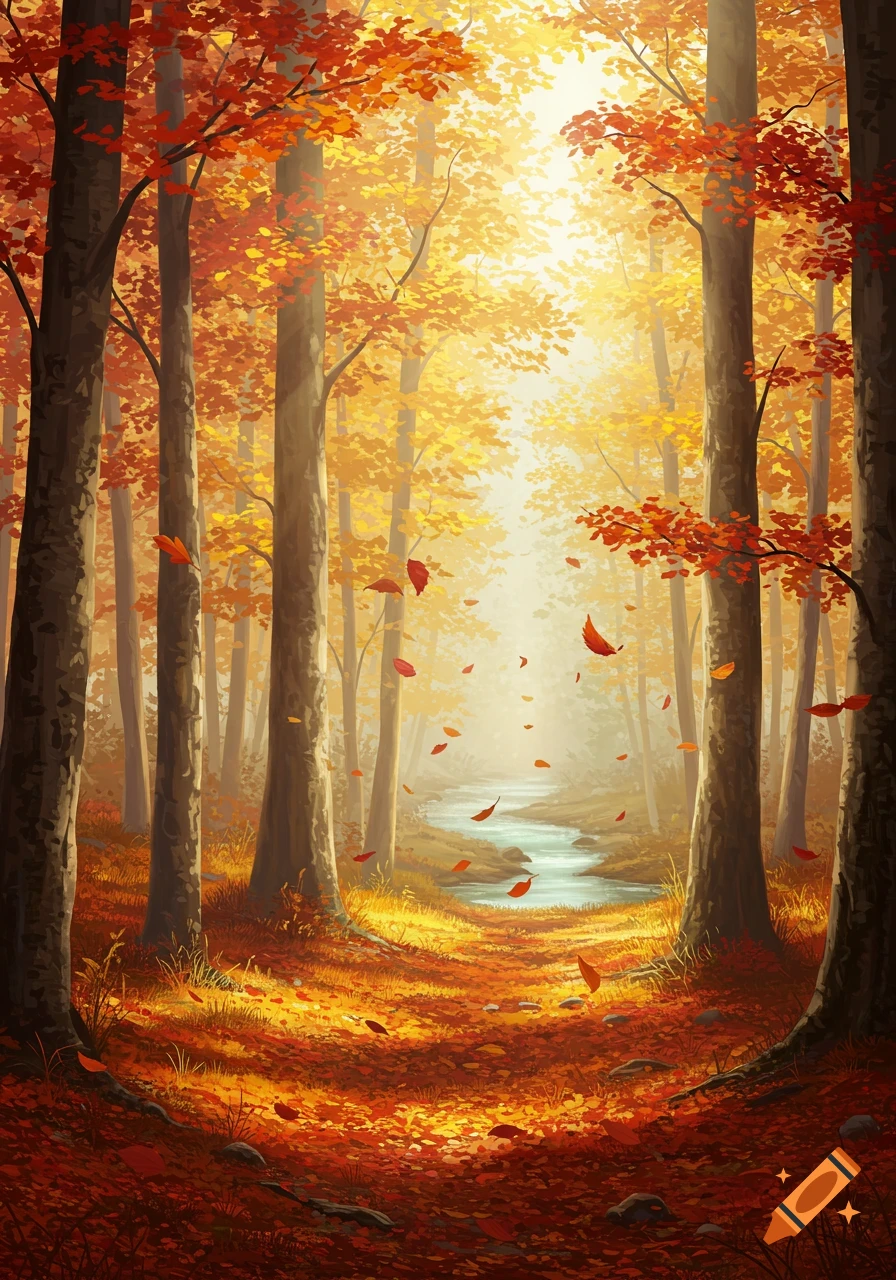 A warm, painterly autumn forest scene with golden leaves covering a ...