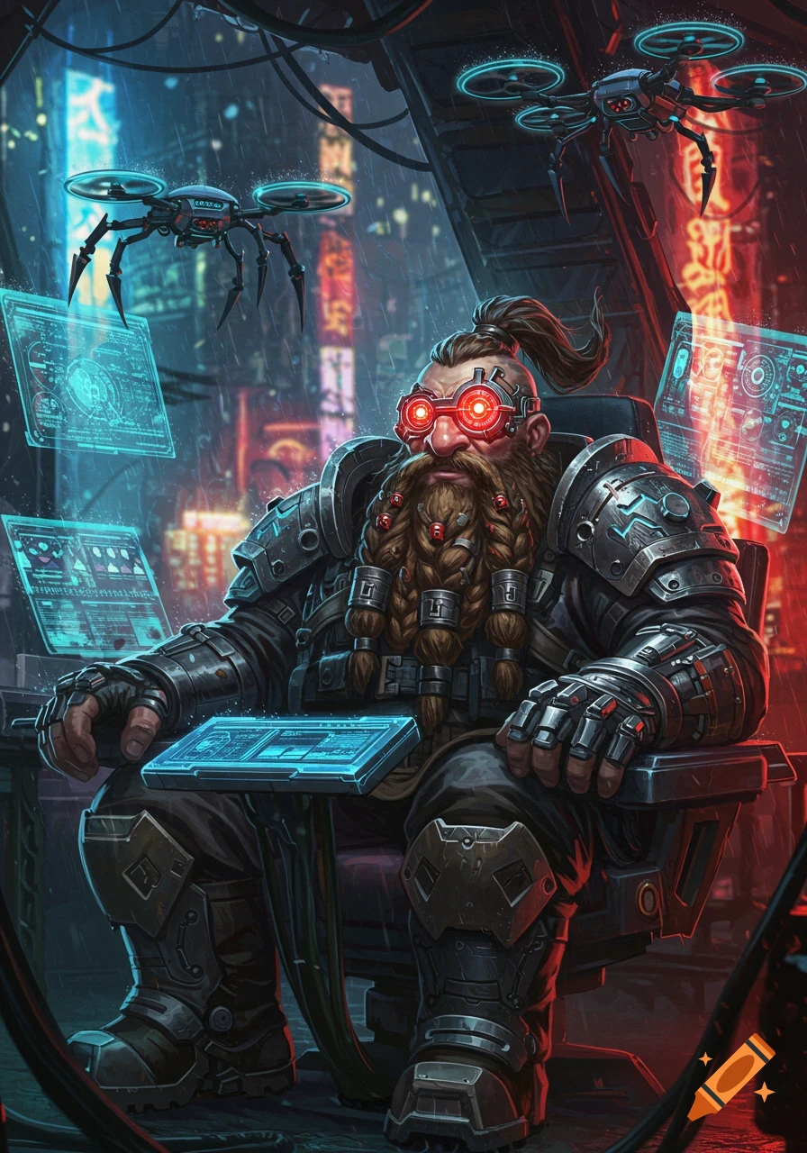 A cyberpunk dwarf rigger with glowing red cybernetic eyes, braided ...