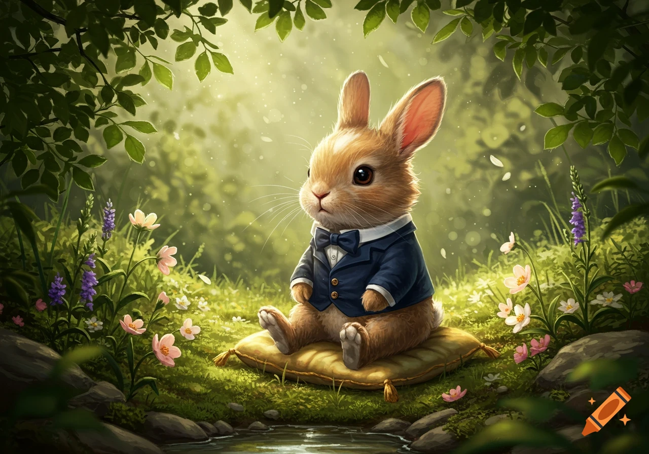 Watercolor illustration of a small rabbit on a mossy rock in a forest ...