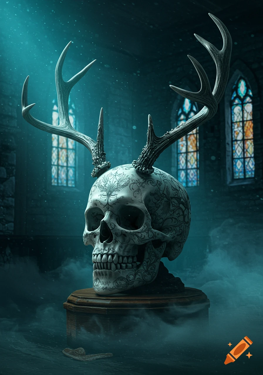 A glowing orange, antlered humanoid figure stands in a dark, misty ...