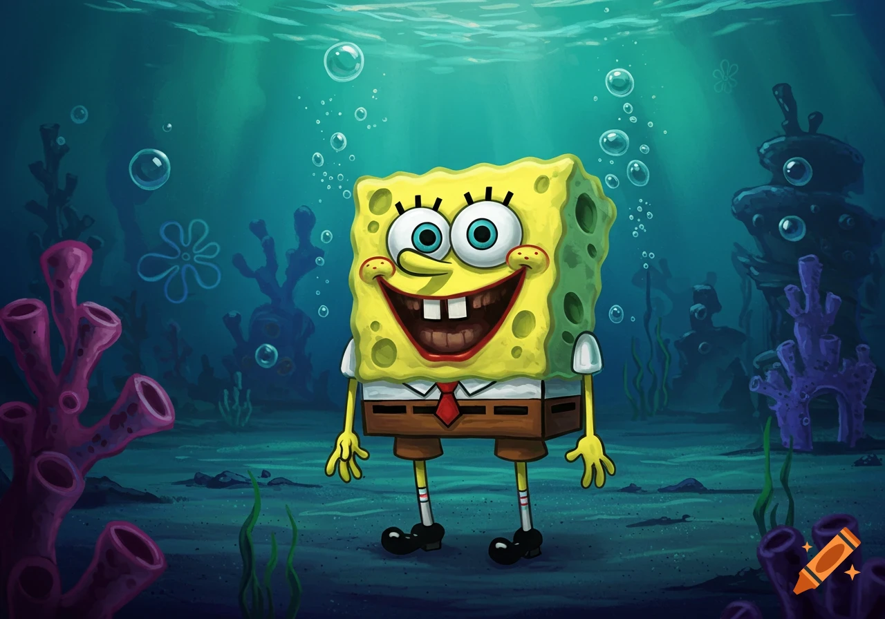 Spongebob Squarepants with faded yellow skin, bloodshot red eyes, and a ...