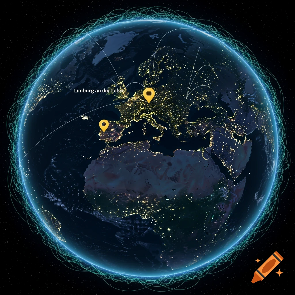 Photorealistic night view of Earth from space, an airplane flying a ...