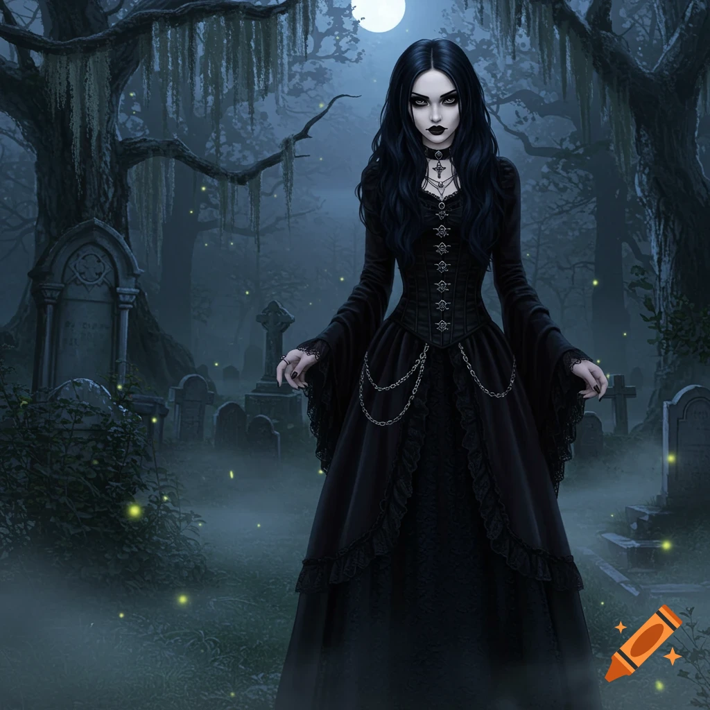 A goth girl in a black dress stands in a foggy graveyard at night under ...