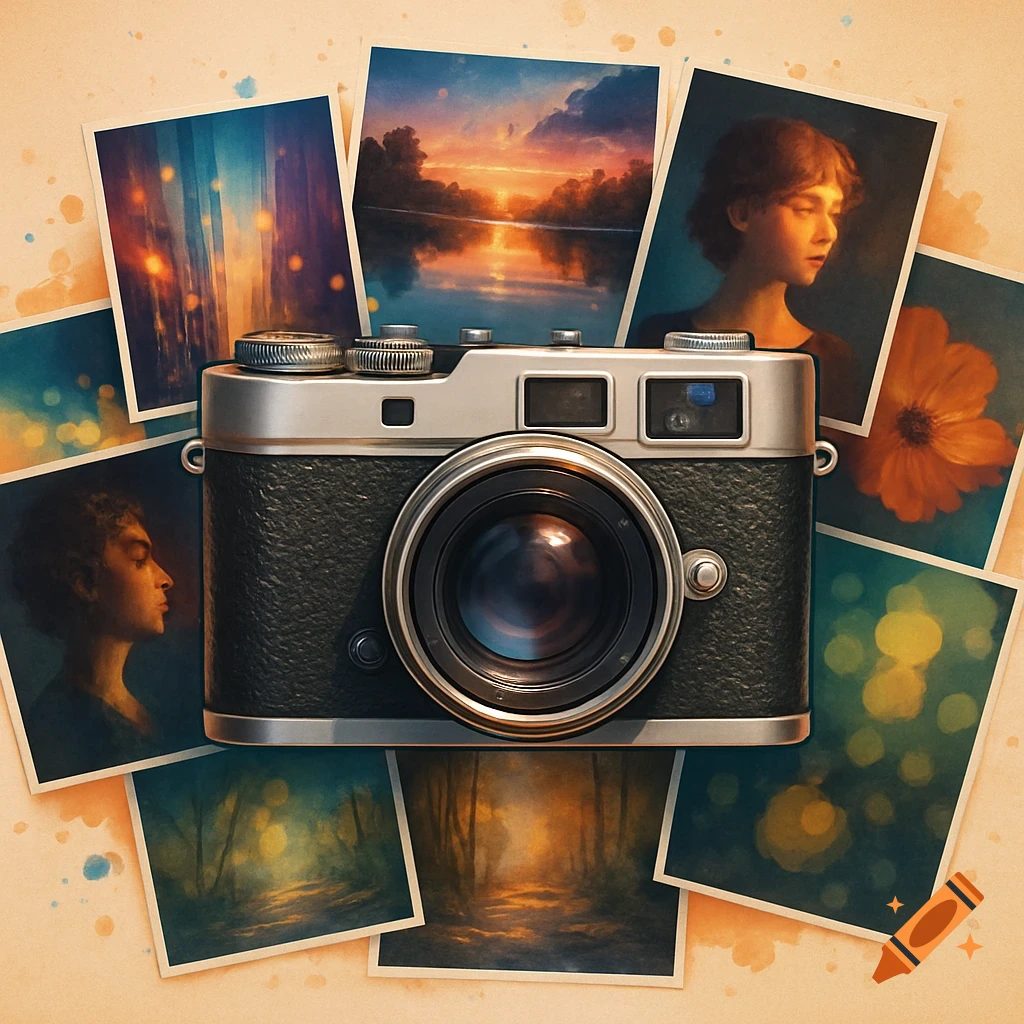 A retro film camera is surrounded by multiple artistic prints featuring ...