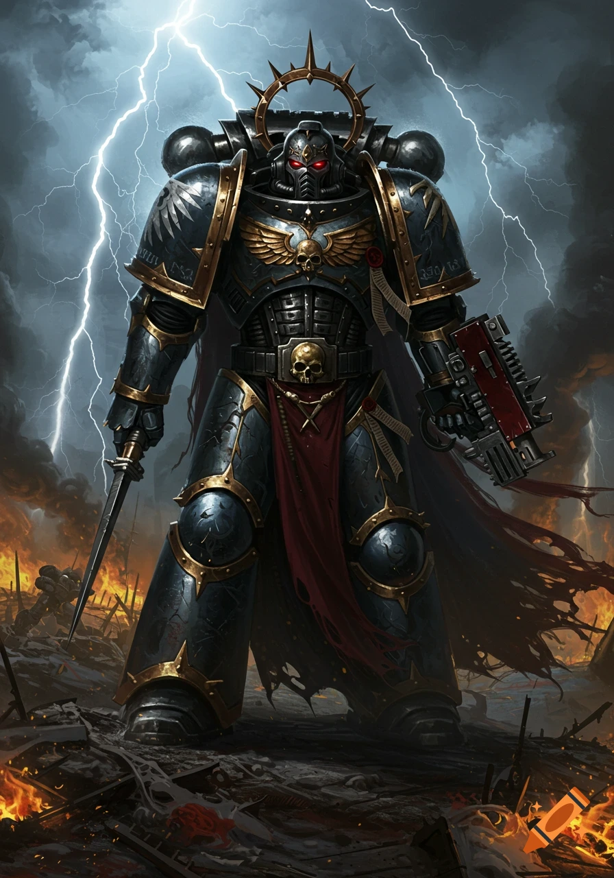 A blue and gold armored Space Marine stands on a rocky alien planet ...