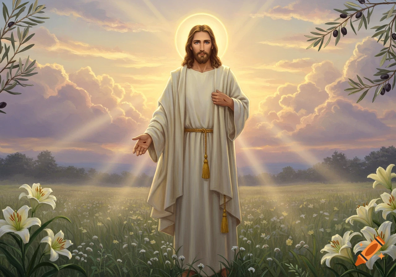 Jesus in a white robe with a golden sash stands in a sunlit field ...
