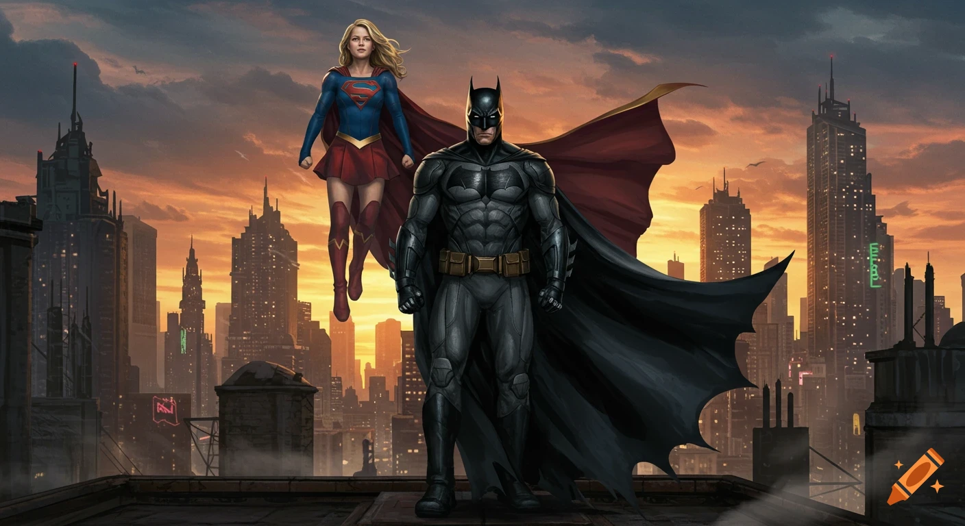 Batman and Robin stand against a full moon and city skyline in a comic ...