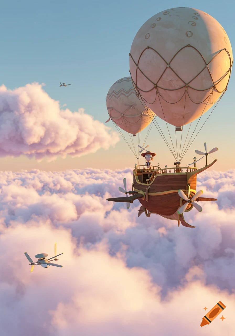 A stylized retrofuturistic airship with propellers and fins flies above ...