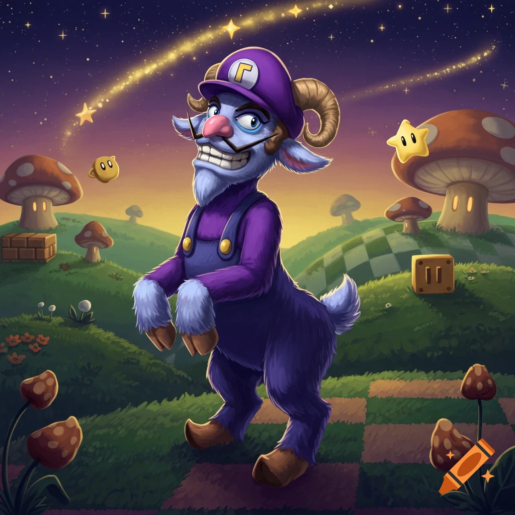 Waluigi as a purple goat furry stands in a starry Mario Bros. landscape ...