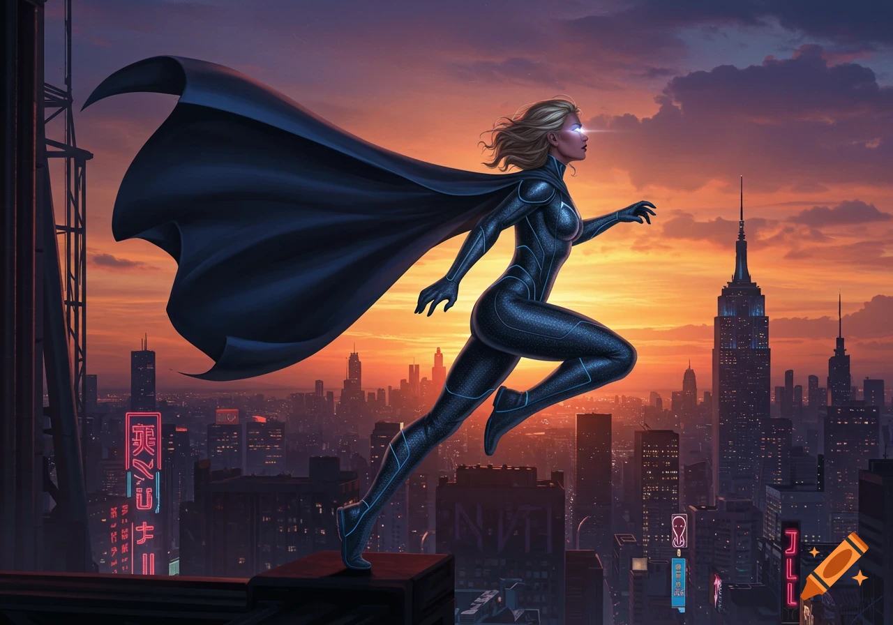 Female superhero in a black suit and cape leaping across rooftops with ...