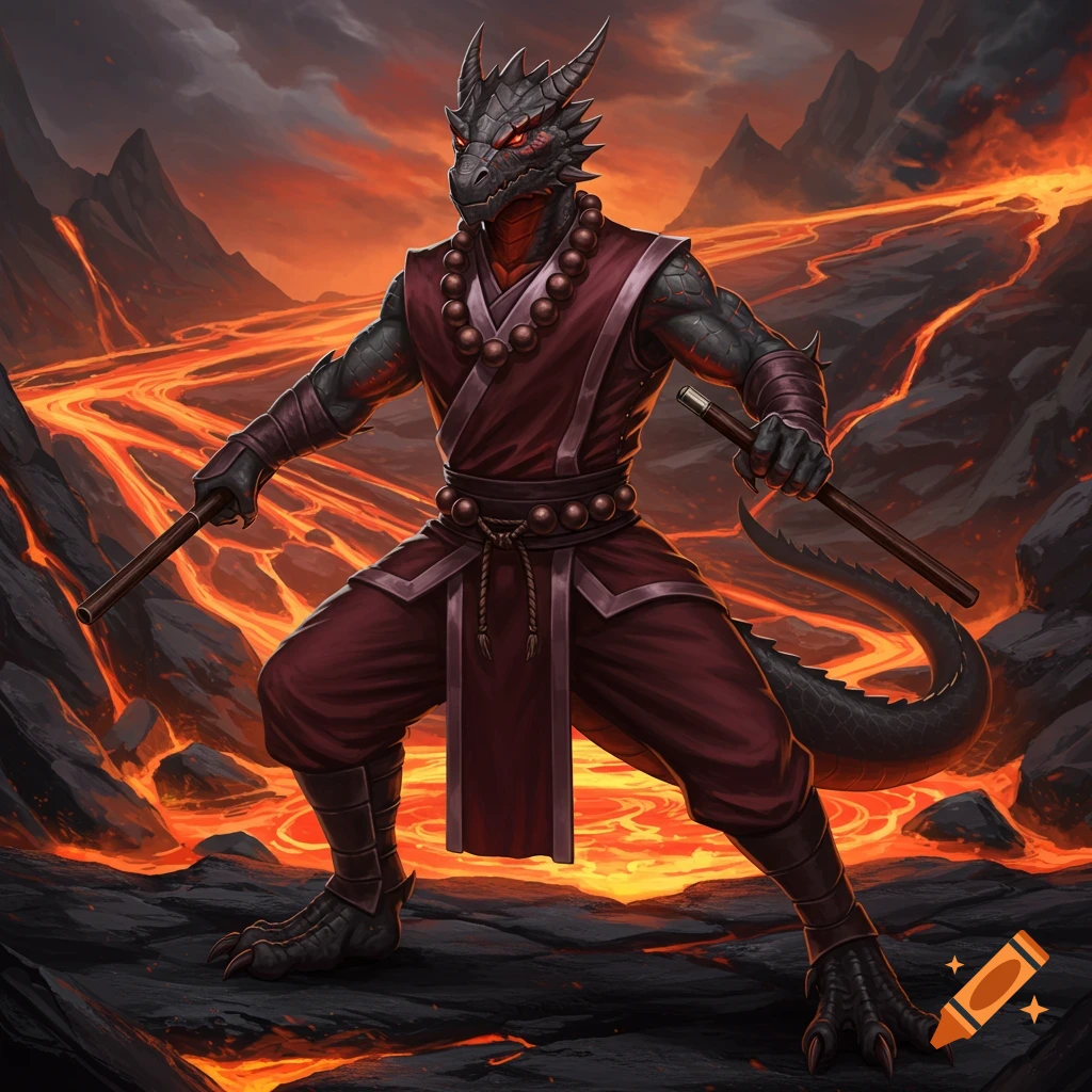 An anthropomorphic black and red dragon monk in burgundy robes holds ...