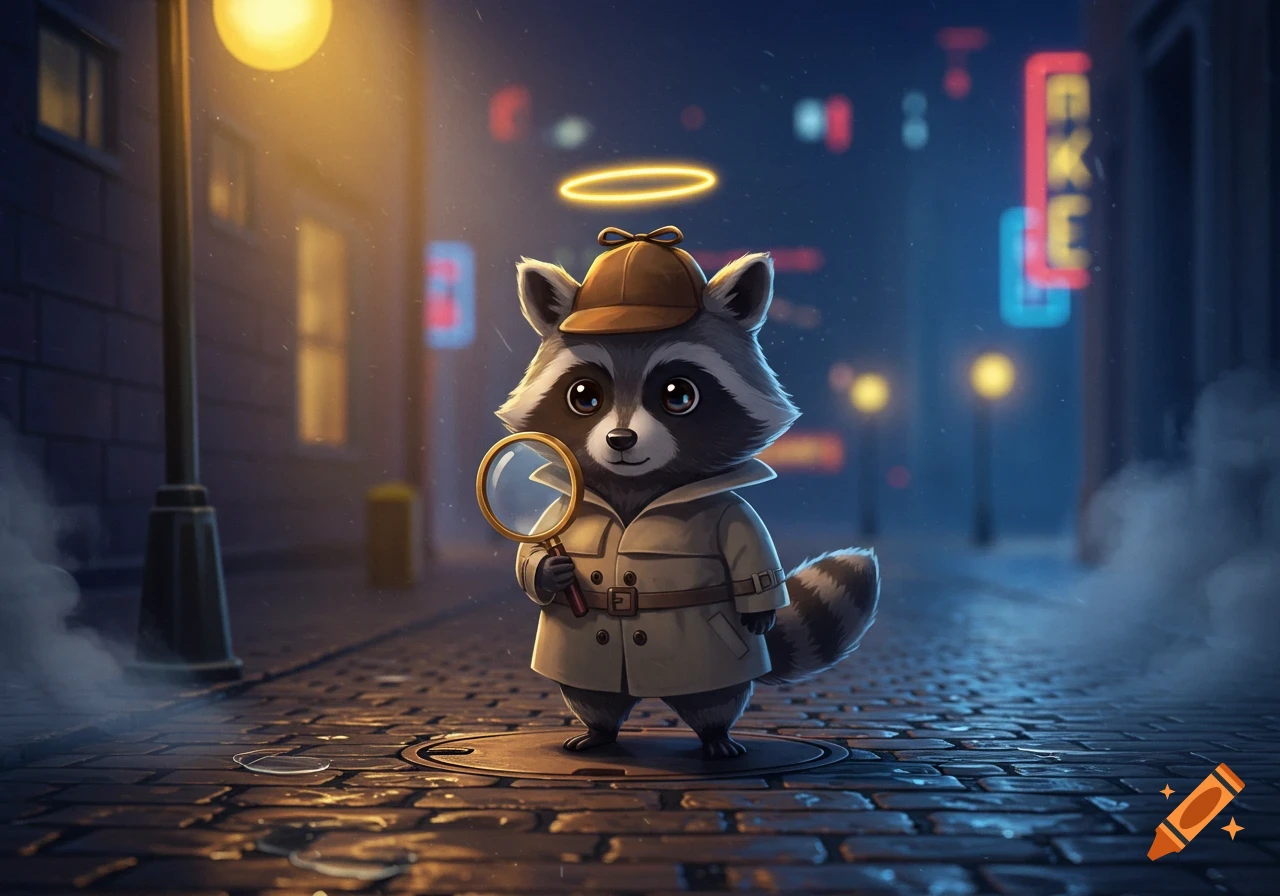 Clipart-style cartoon of a raccoon with a turtle shell walking in a ...