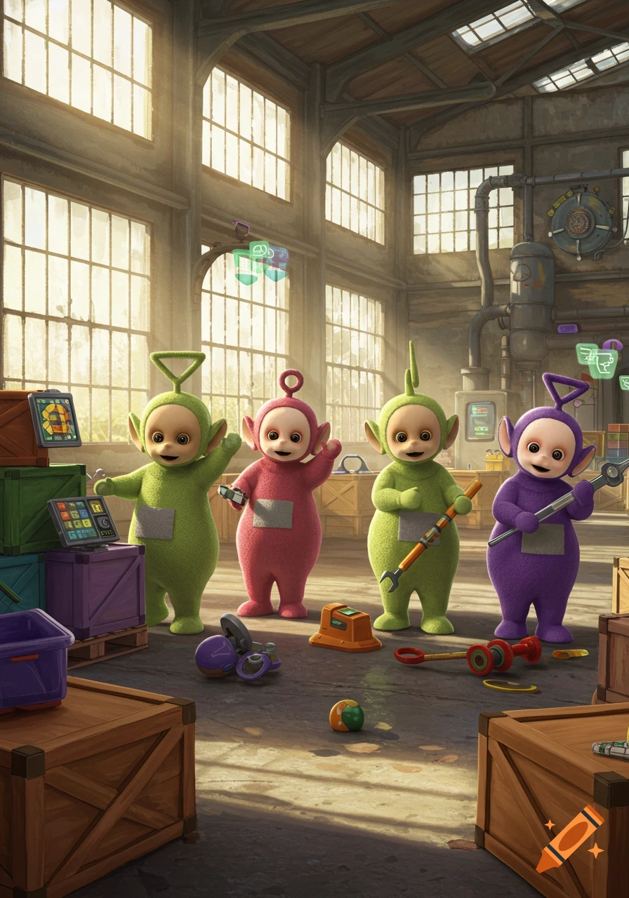 A purple Teletubby holds a lemon slice, surrounded by lemons, limes ...