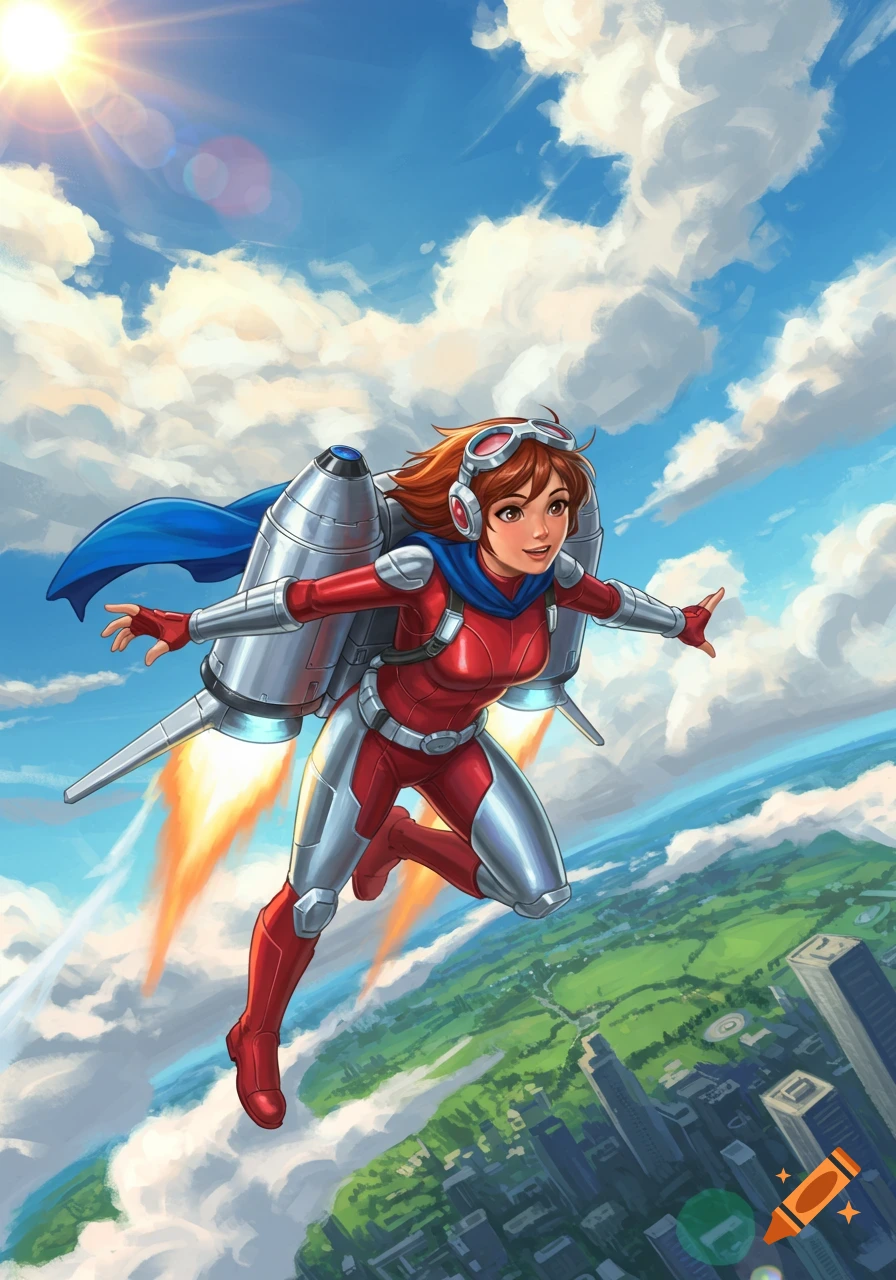 A superhero girl with a jetpack flies over a city and green landscape ...