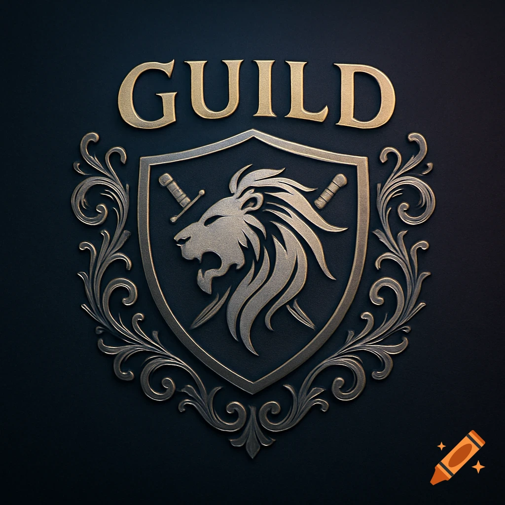 A detailed heraldic style logo featuring a silver rampant lion within a ...