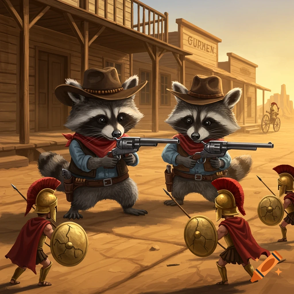 Two cartoon raccoons in cowboy hats and bandanas hold revolvers, facing ...