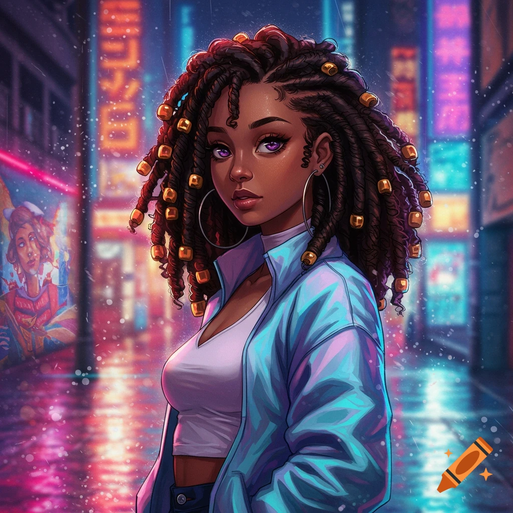 An anime girl with dark skin and dreadlocks adorned with gold beads ...