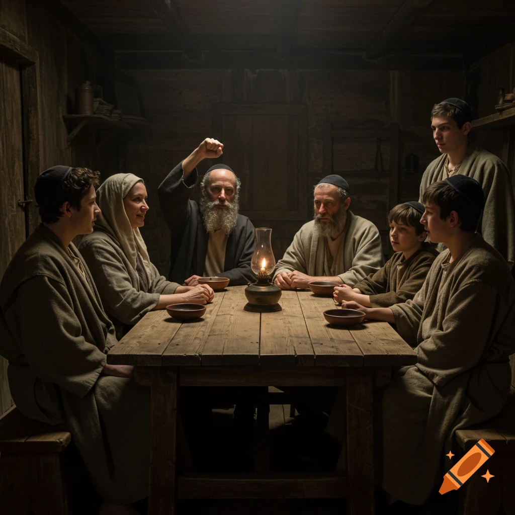 Four people in loose, natural-colored linen clothing and straw hats ...