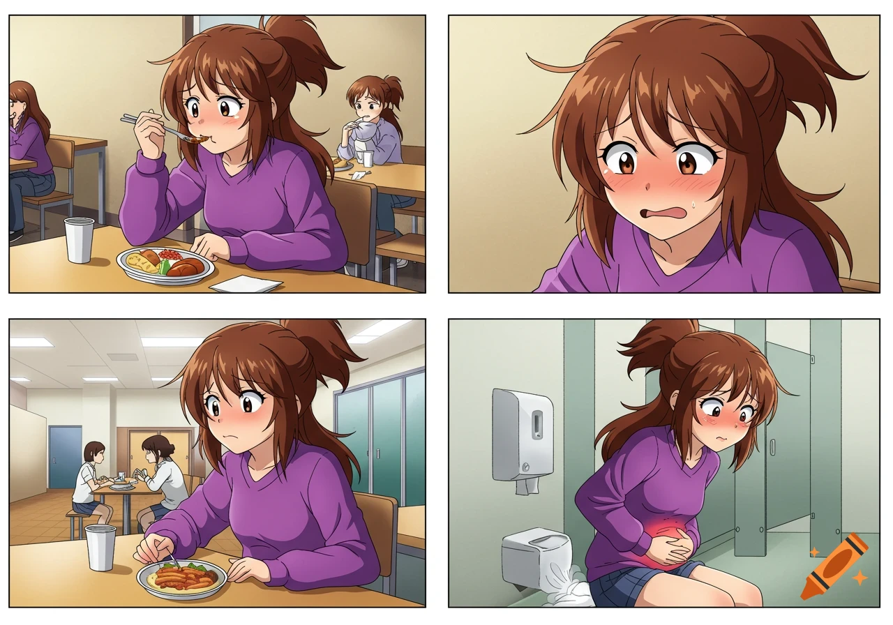 Four-panel anime comic strip showing a brown-haired girl eating, then ...