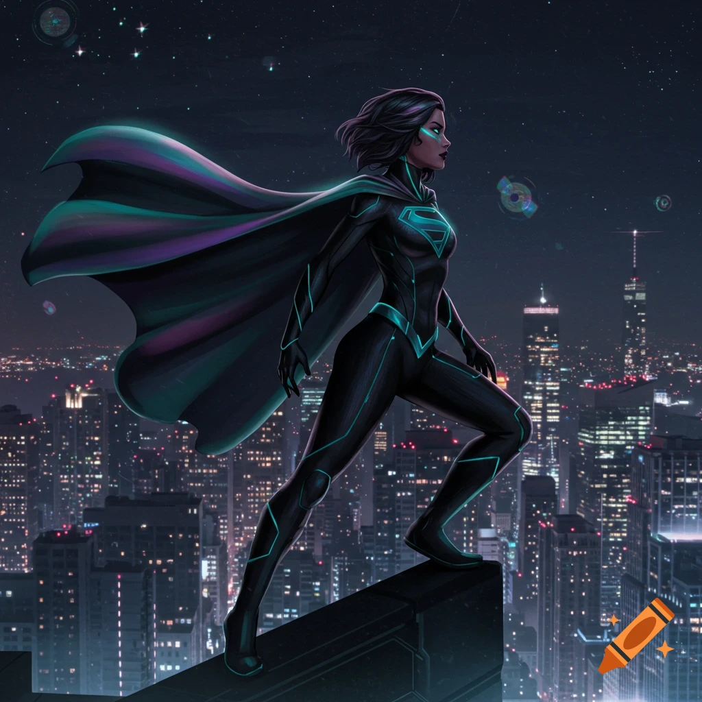 Female superhero in a black suit with iridescent teal glowing lines and ...