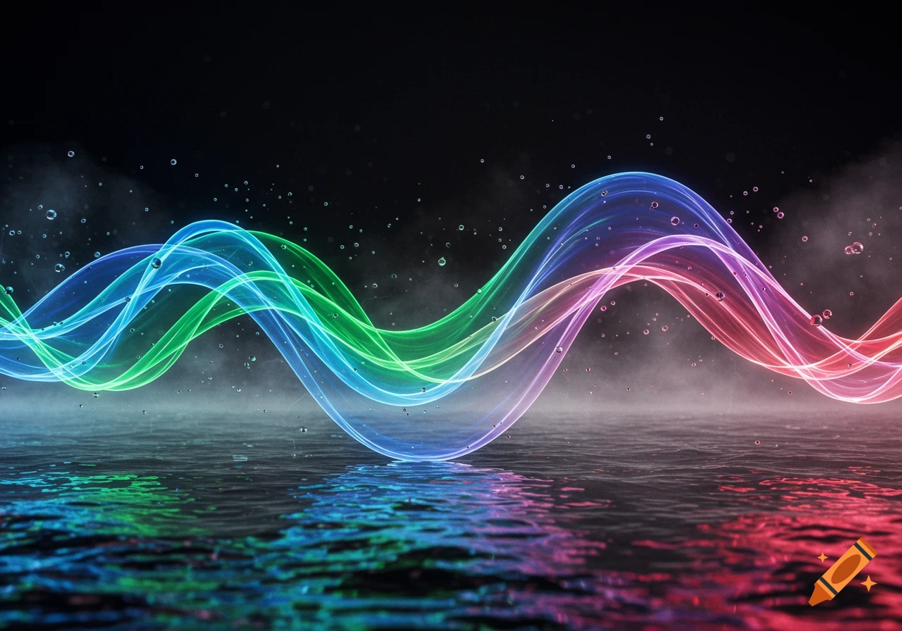 Colorful glowing wavy lines reflecting on a dark water surface with ...