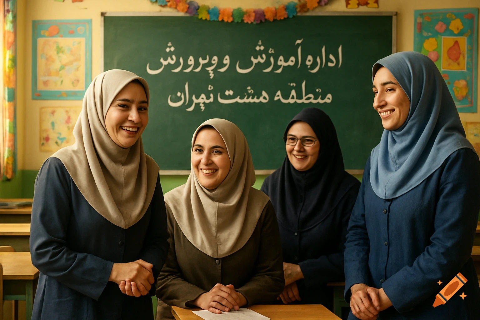 Four smiling Iranian women wearing hijabs in a bright classroom with a ...
