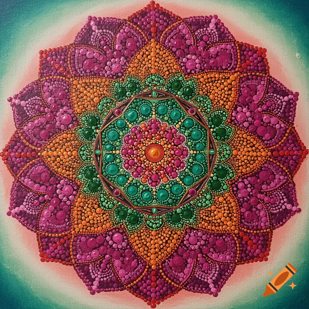 Vibrant dot mandala art featuring magenta, orange, and green colors ...