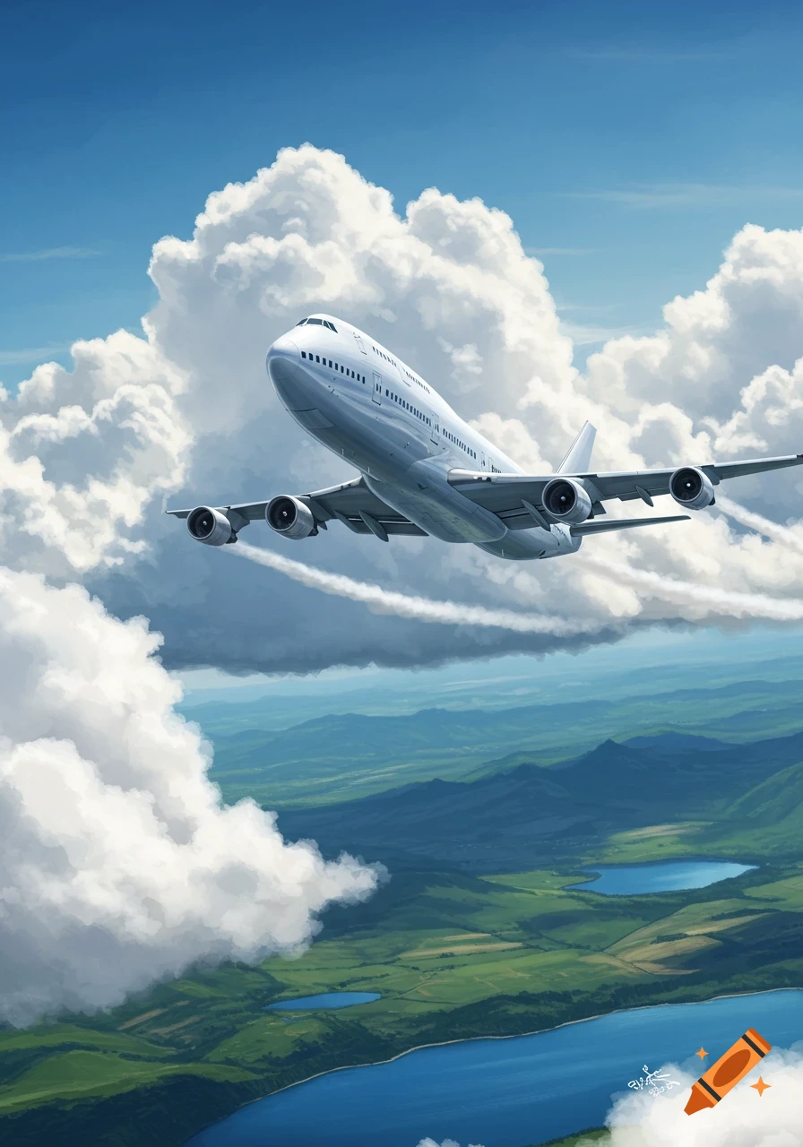 A white Boeing 747 airplane soars through a blue sky amidst fluffy ...