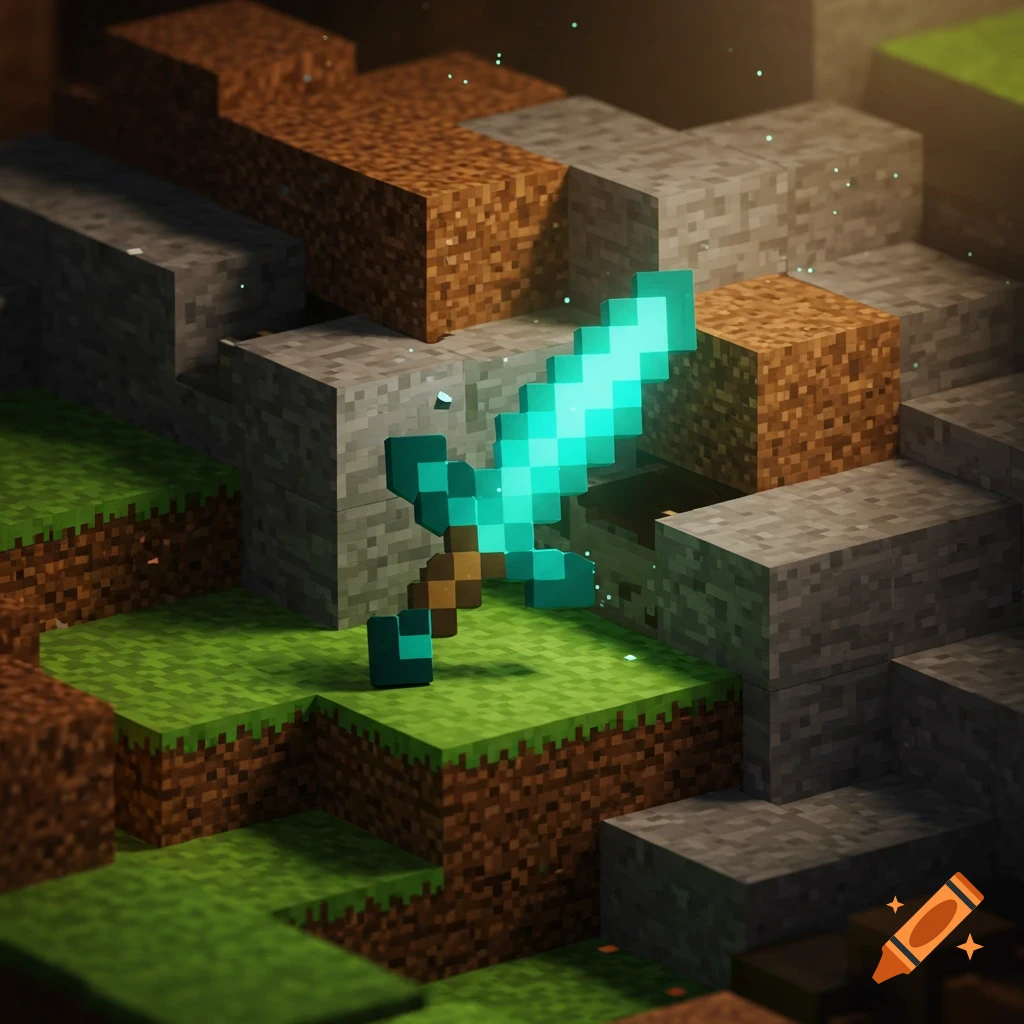 A glowing pixelated diamond sword stands upright in a blocky, grassy Minecraft-like landscape ...
