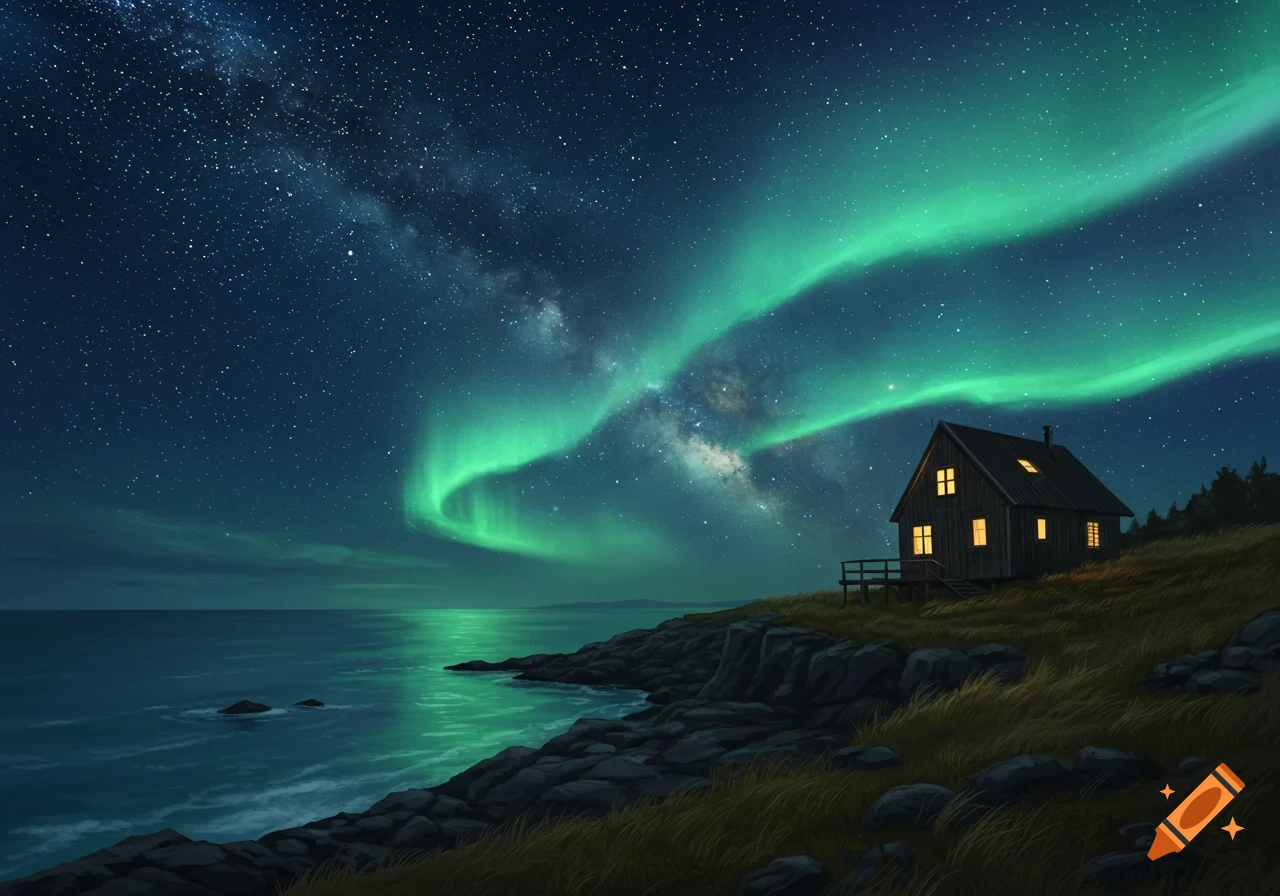 An illustrative night scene with a house on a rocky coast, under vivid ...